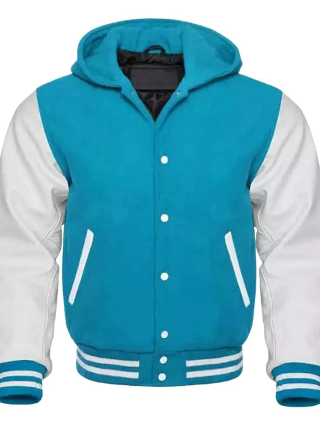 CYAN AND WHITE VARSITY JACKET WITH HOOD
