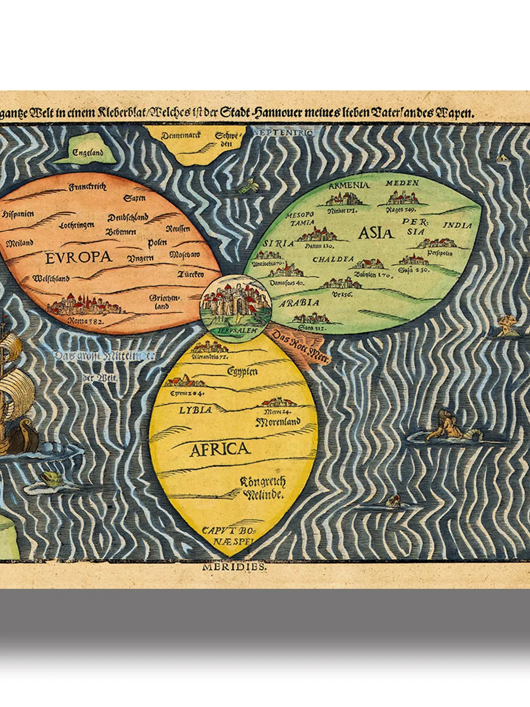 Medieval world map of the pre-Columbian era. Ancient style wall decoration.