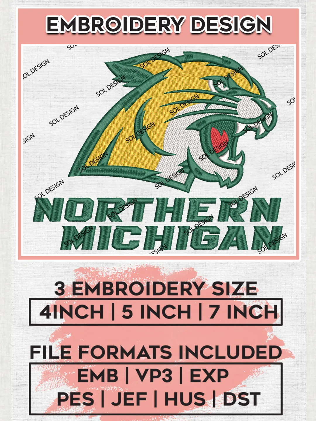 Northern Michigan Team Word Mascot Logo Embroidery Design Files, NCAA ...