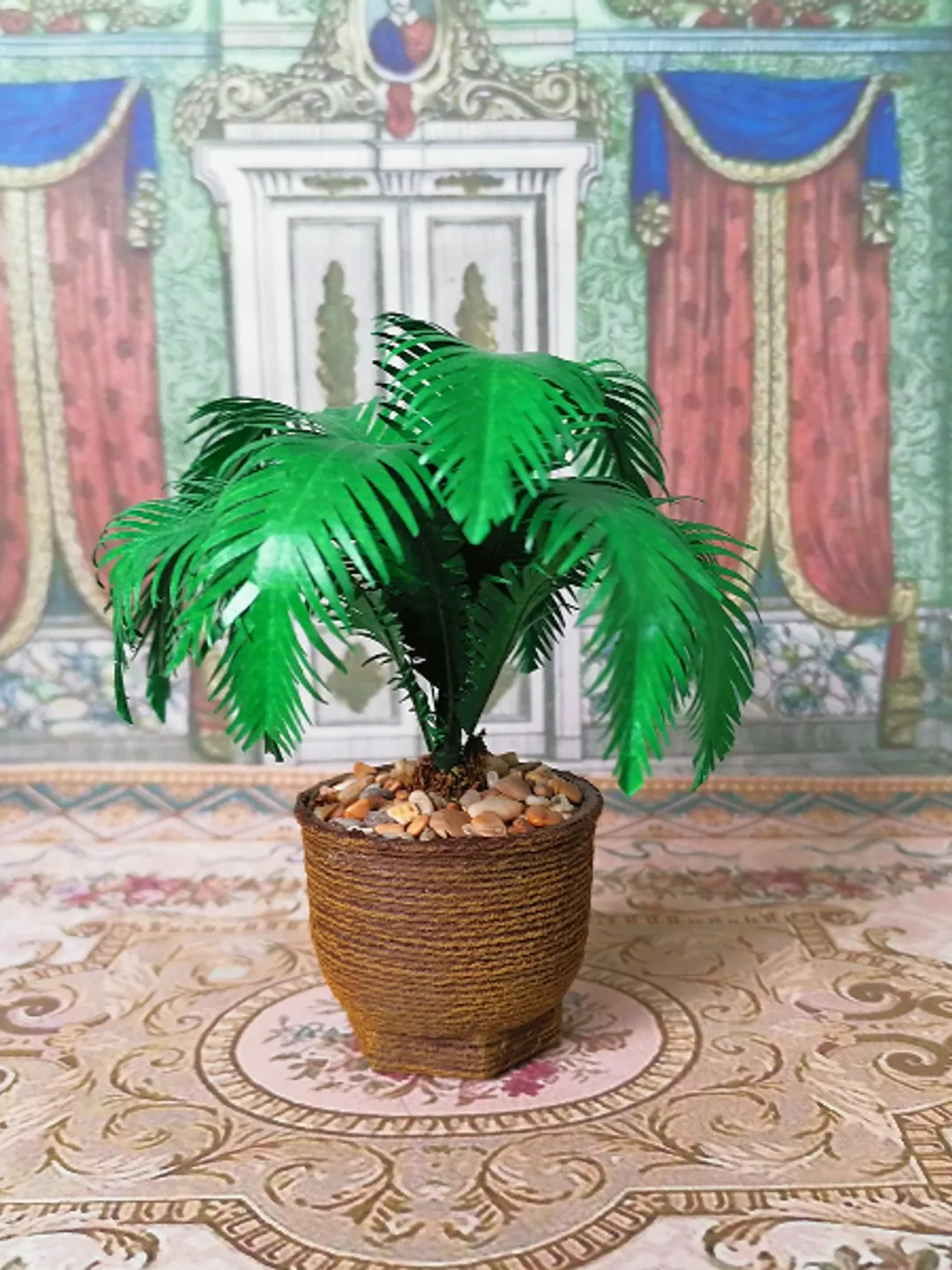 Palm tree in a brown-golden flowerpot. Dollhouse miniature. Handmade. 1:12.