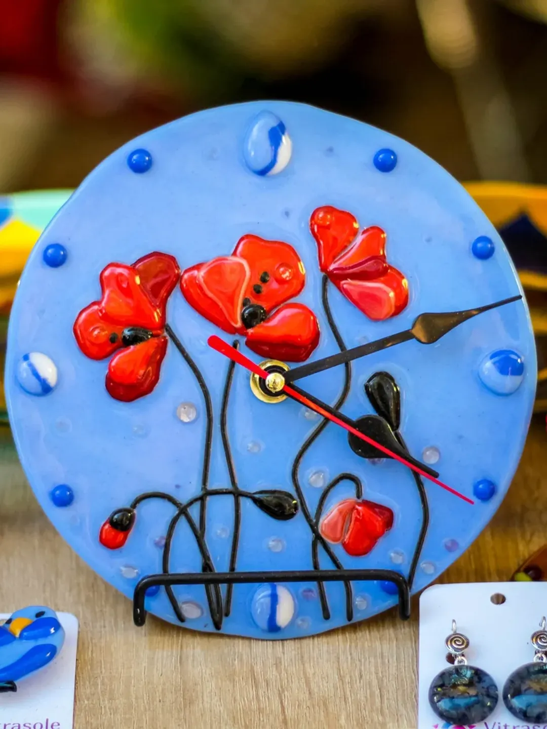 Wall glass clock with red poppies - Fused home decor - Round silent ...
