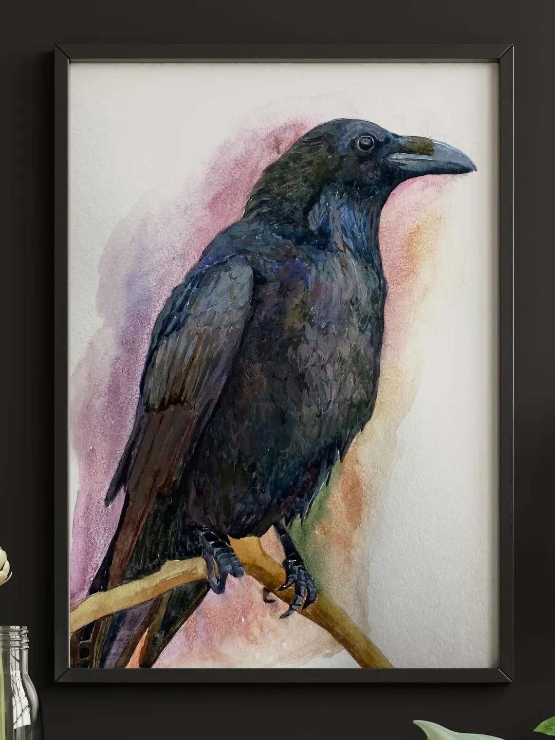 Raven bird painting acrylic abstract black blue crow artwork