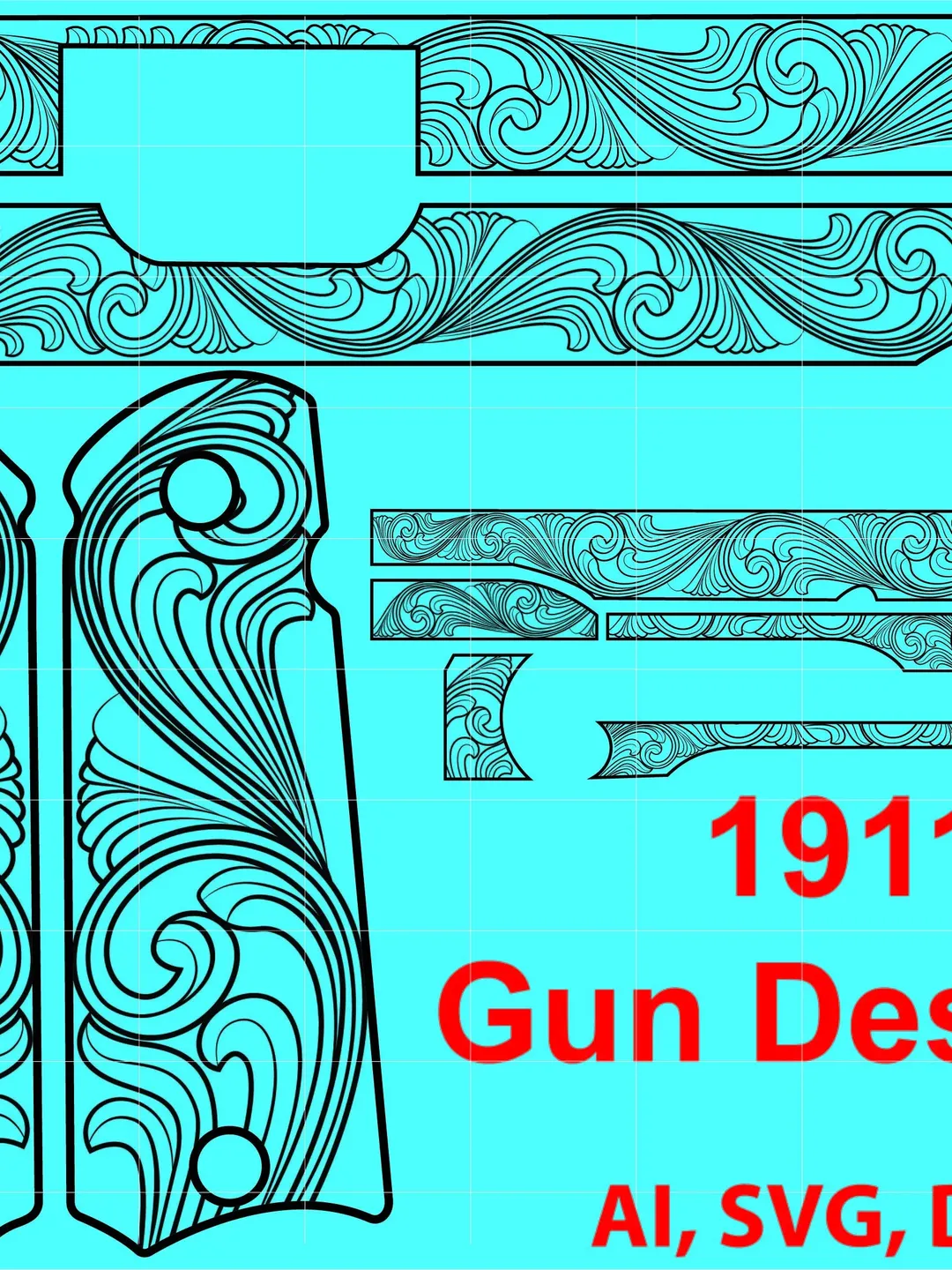 1911 Gun Scroll design, Custom, Ai, Vector, SVG, DXF, PNG,