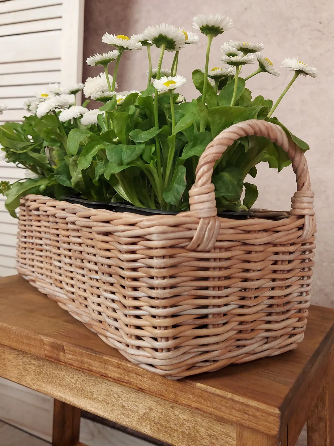 Wicker flower basket. Beige rectangular handmade basket
