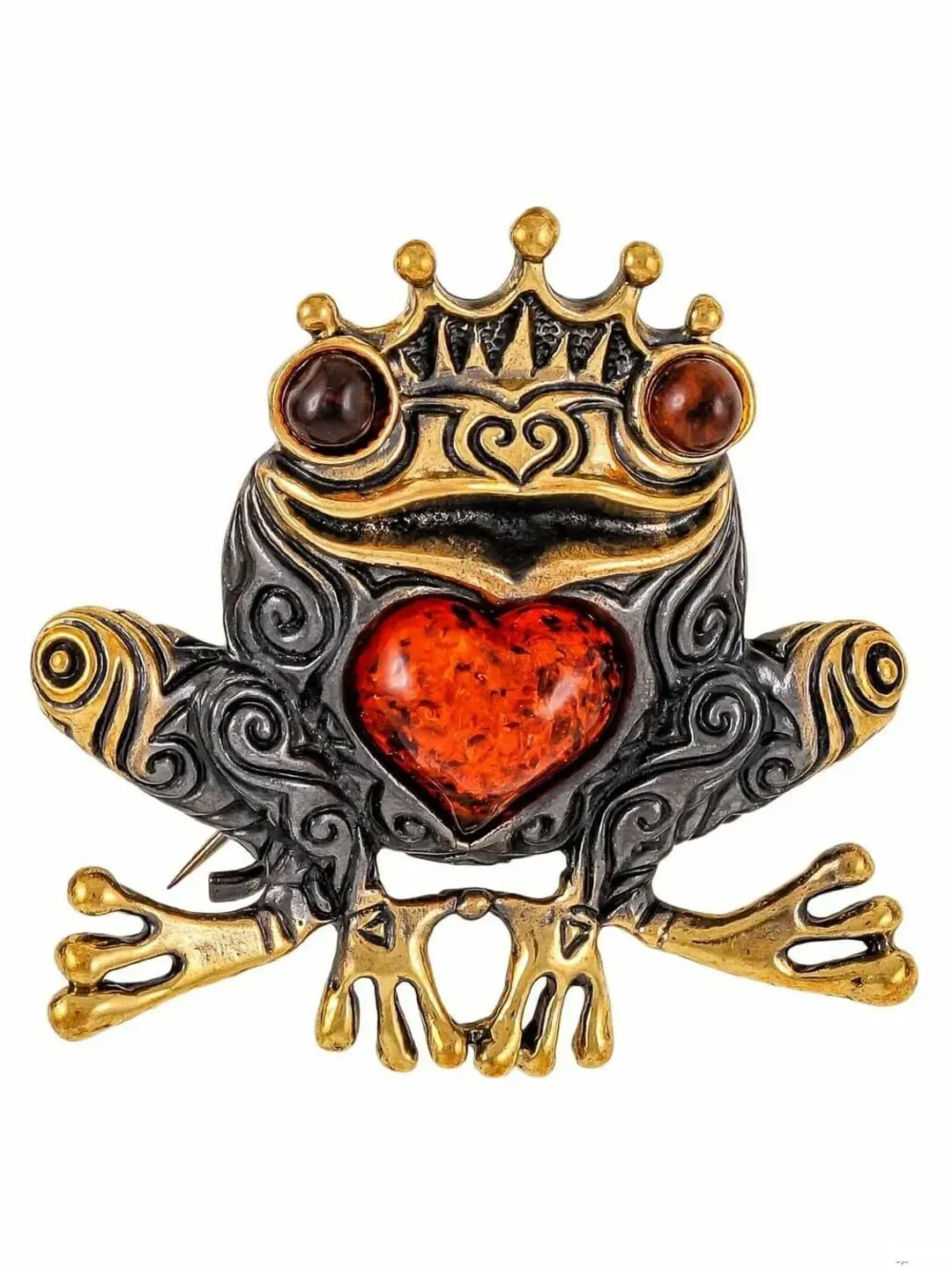 Princess Frog Brooch Gold Brass Amber Frog pin with Crown Animal Brooch ...