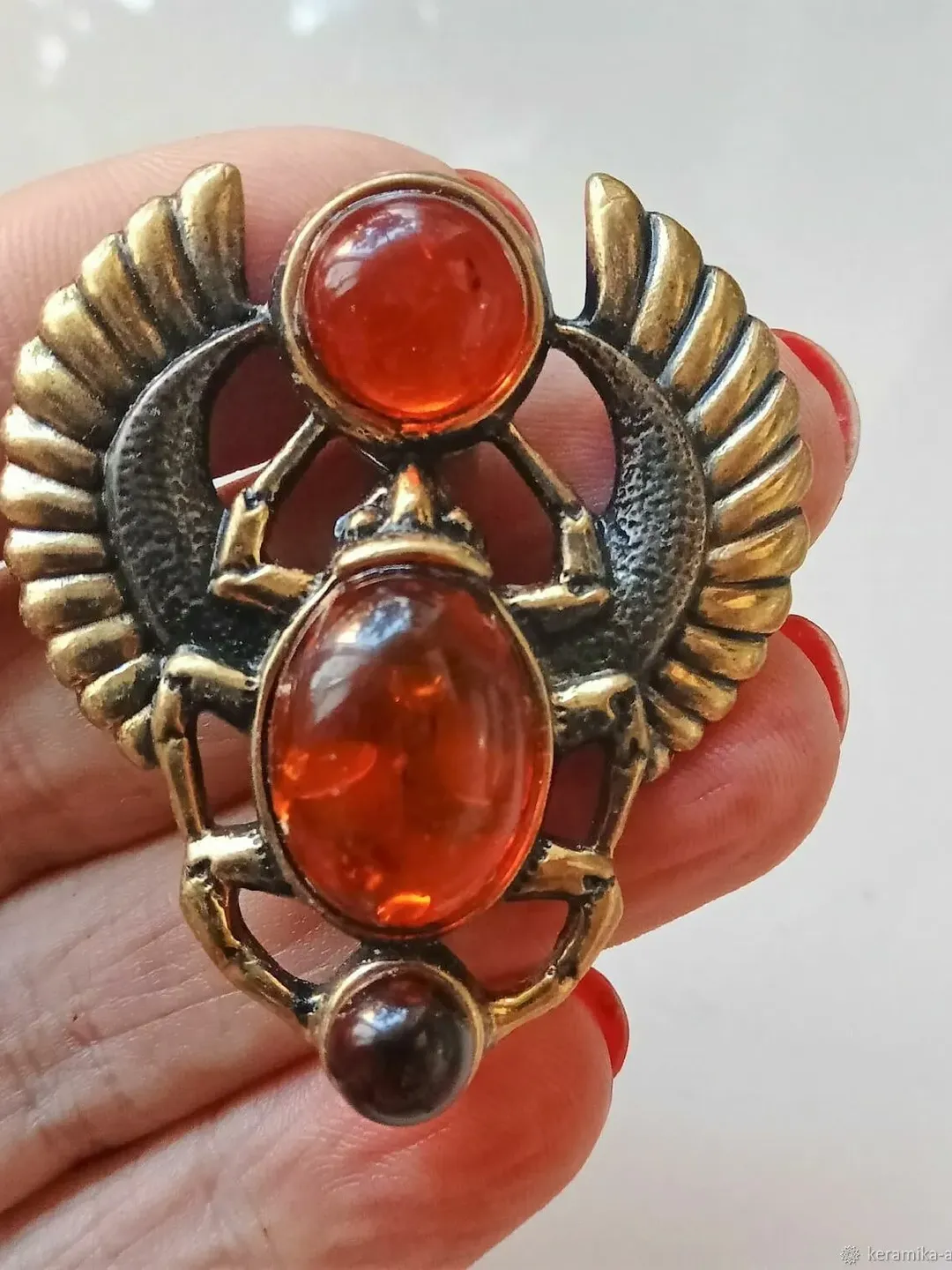 Scarab Beetle Brooch Brass Amber Egyptian Amulet Bug jewelry insect ...