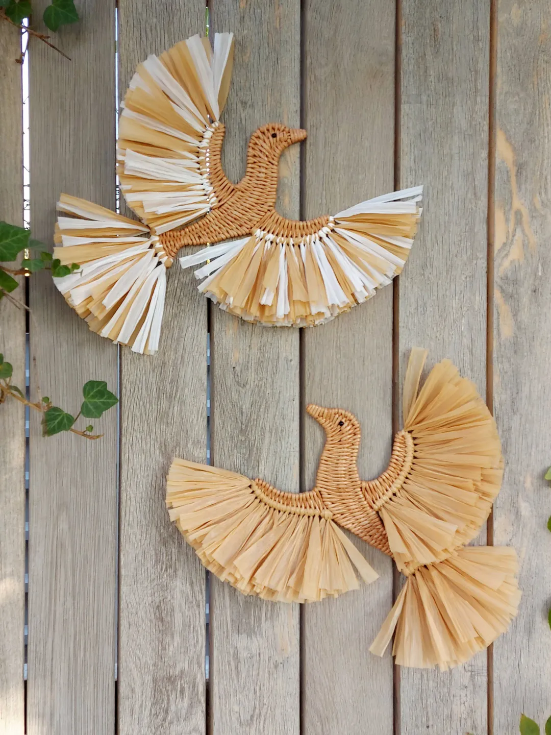 Two birds for wall decor. Wicker birds handmade wiht raffia. Gift for her.