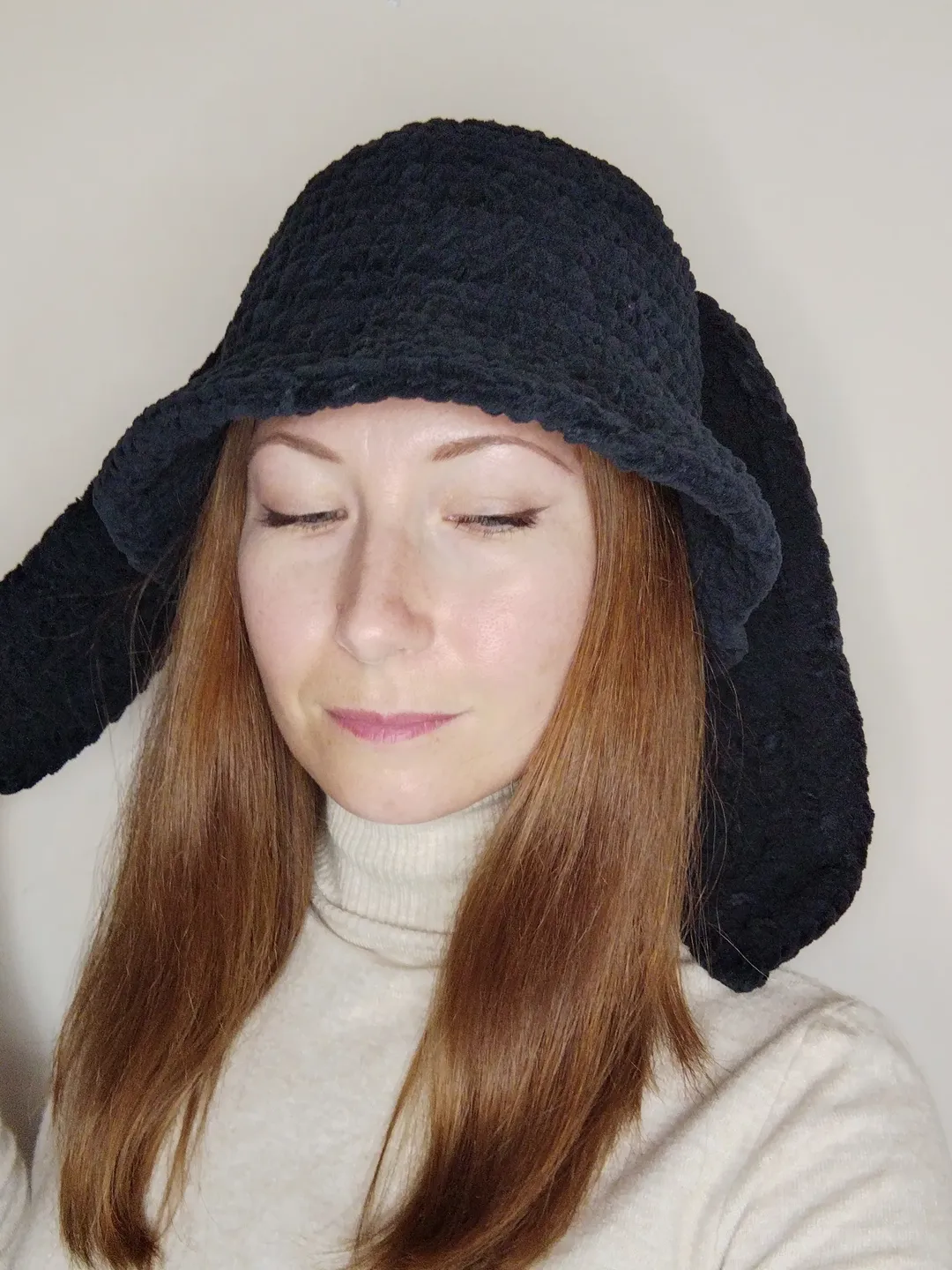 Black bunny beanie crochet. Fluffy bunny hat adult. Plush bunny beanie ...