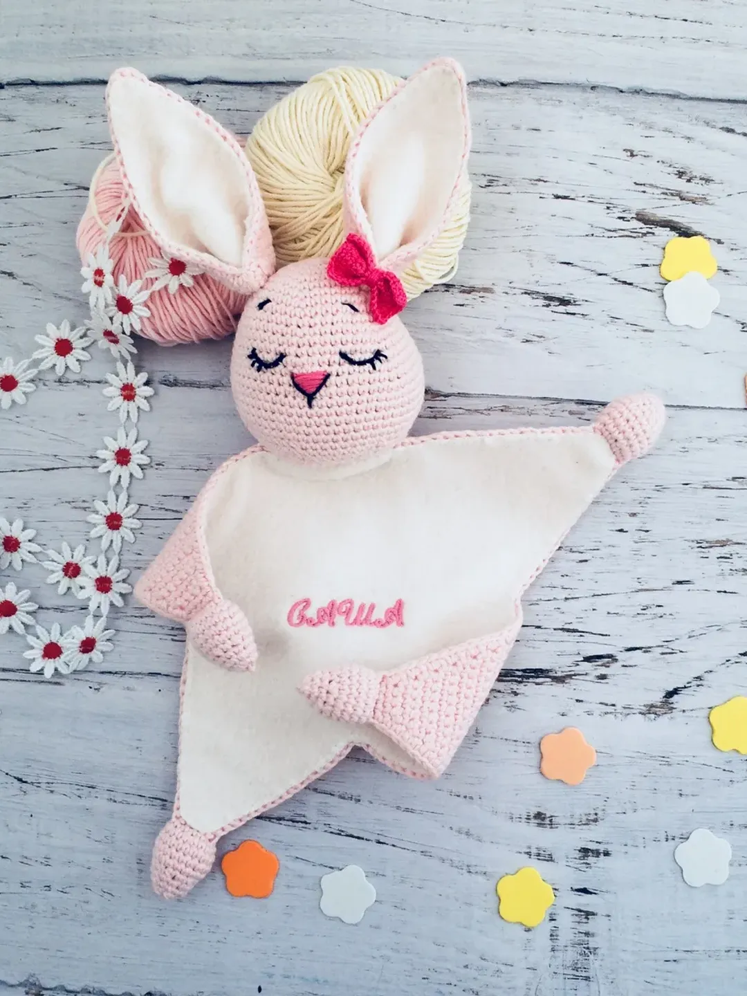 Lovey bunny toy. Handmade cute stuffed rabbit with clothes and carrot ...