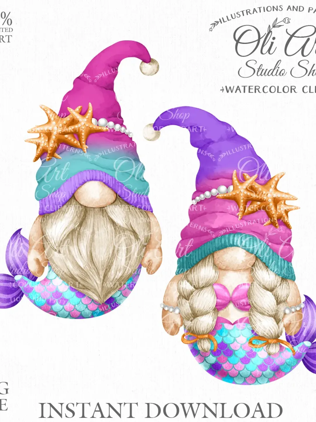 Mermaid Gnome Clip Art. Cute Characters, Hand Drawn graphics. Digital ...