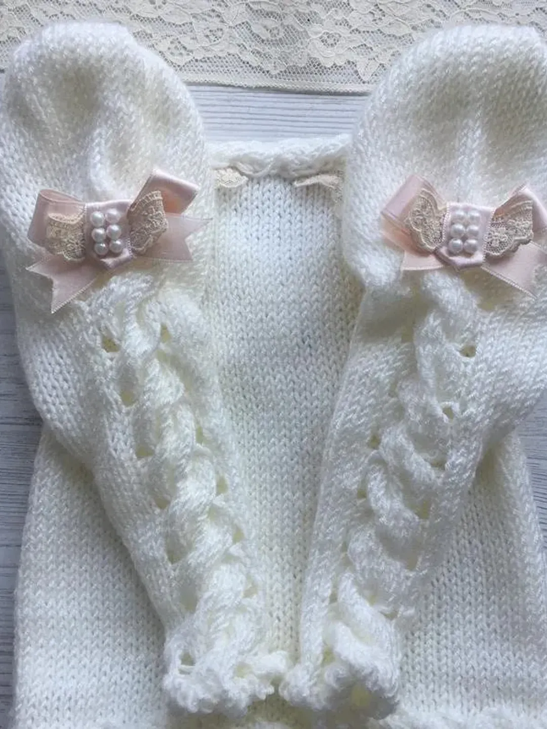 Knit sweater for baby girl. Ivory sweater with lace, pearls and bows ...