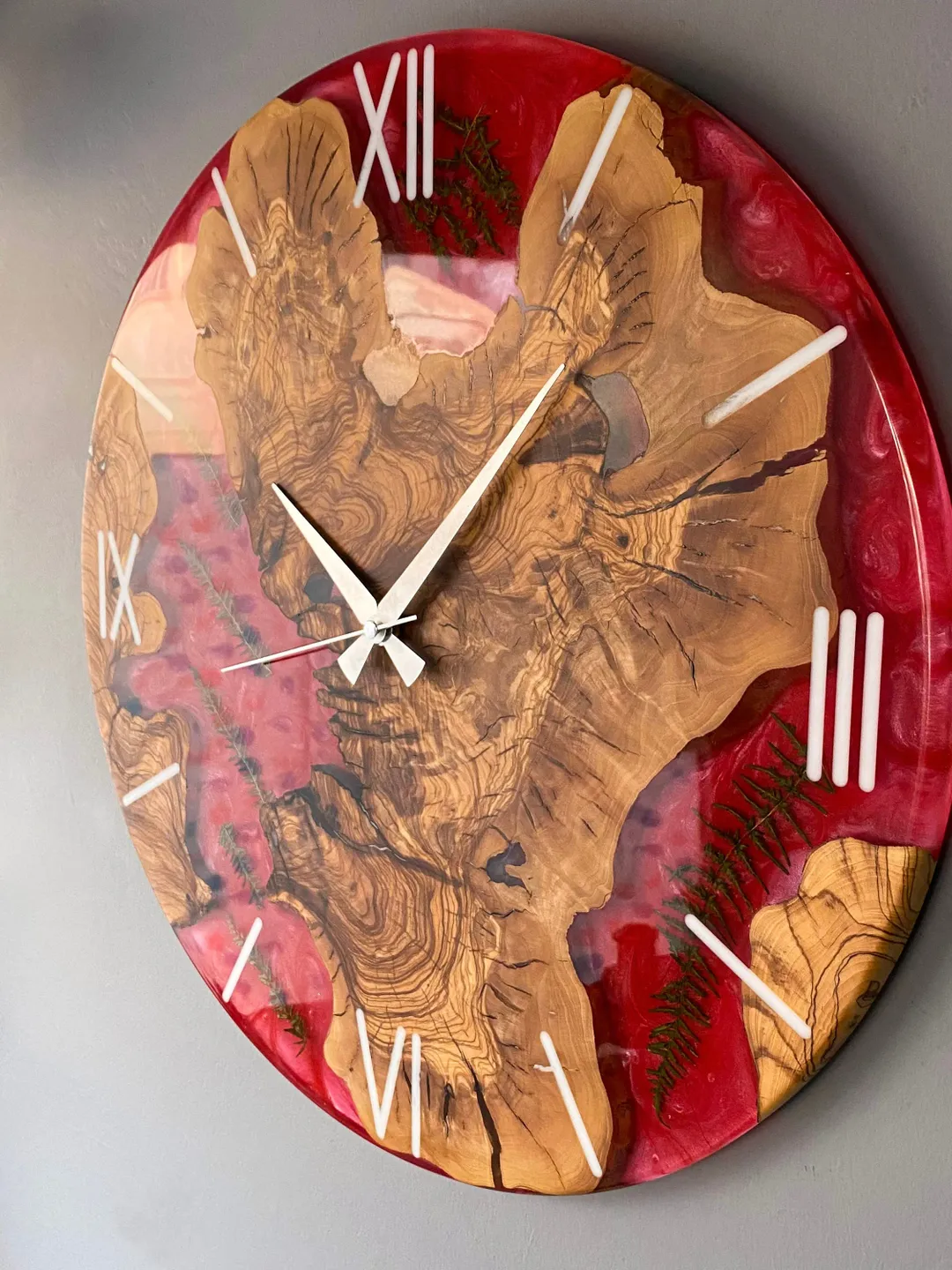 Red Epoxy Olive Wood Wall Clock, Resin Wall Clock, Wall Clock Unique ...