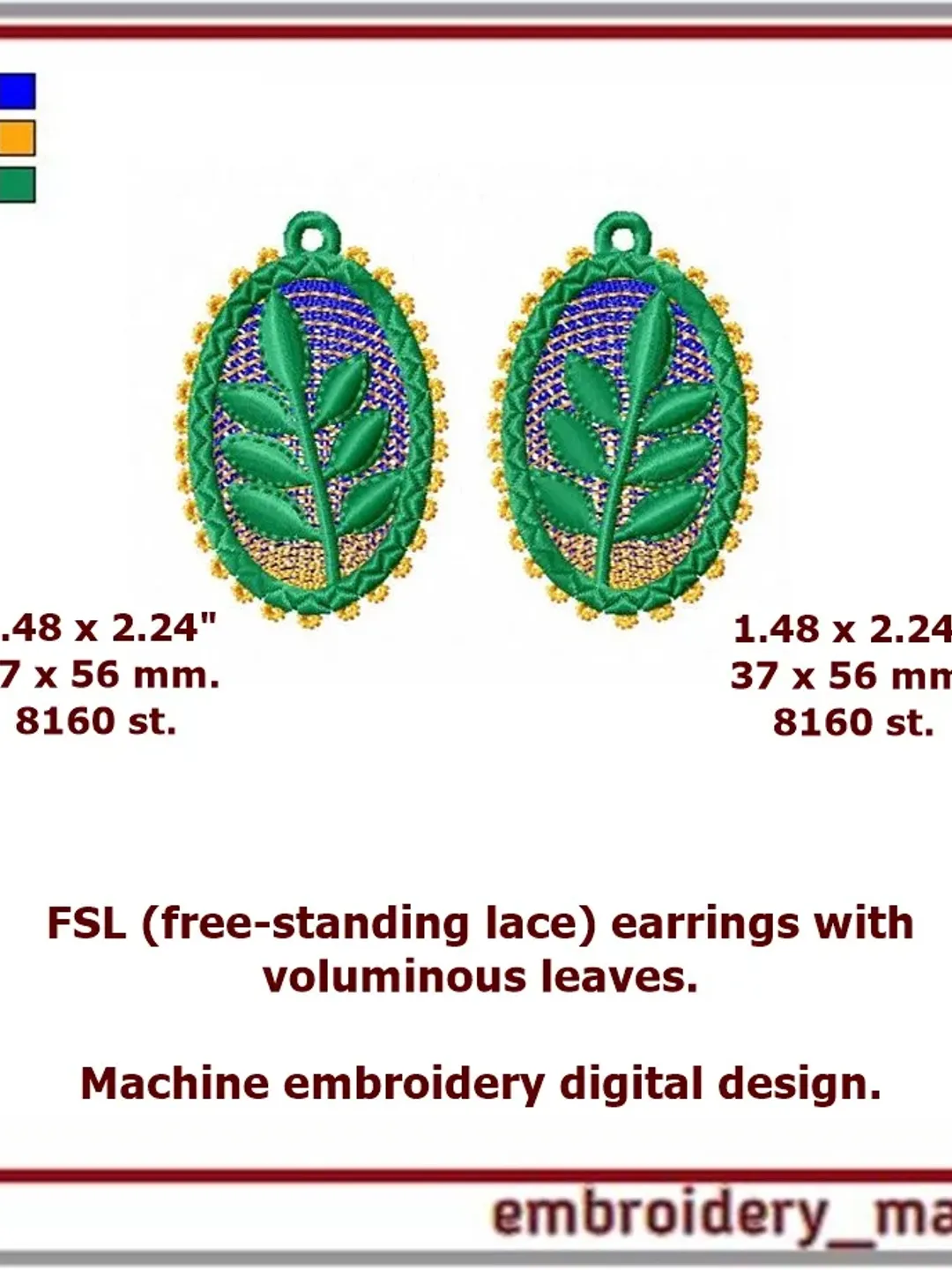 In the hoop embroidery design FSL Jewelry set earrings and brooch
