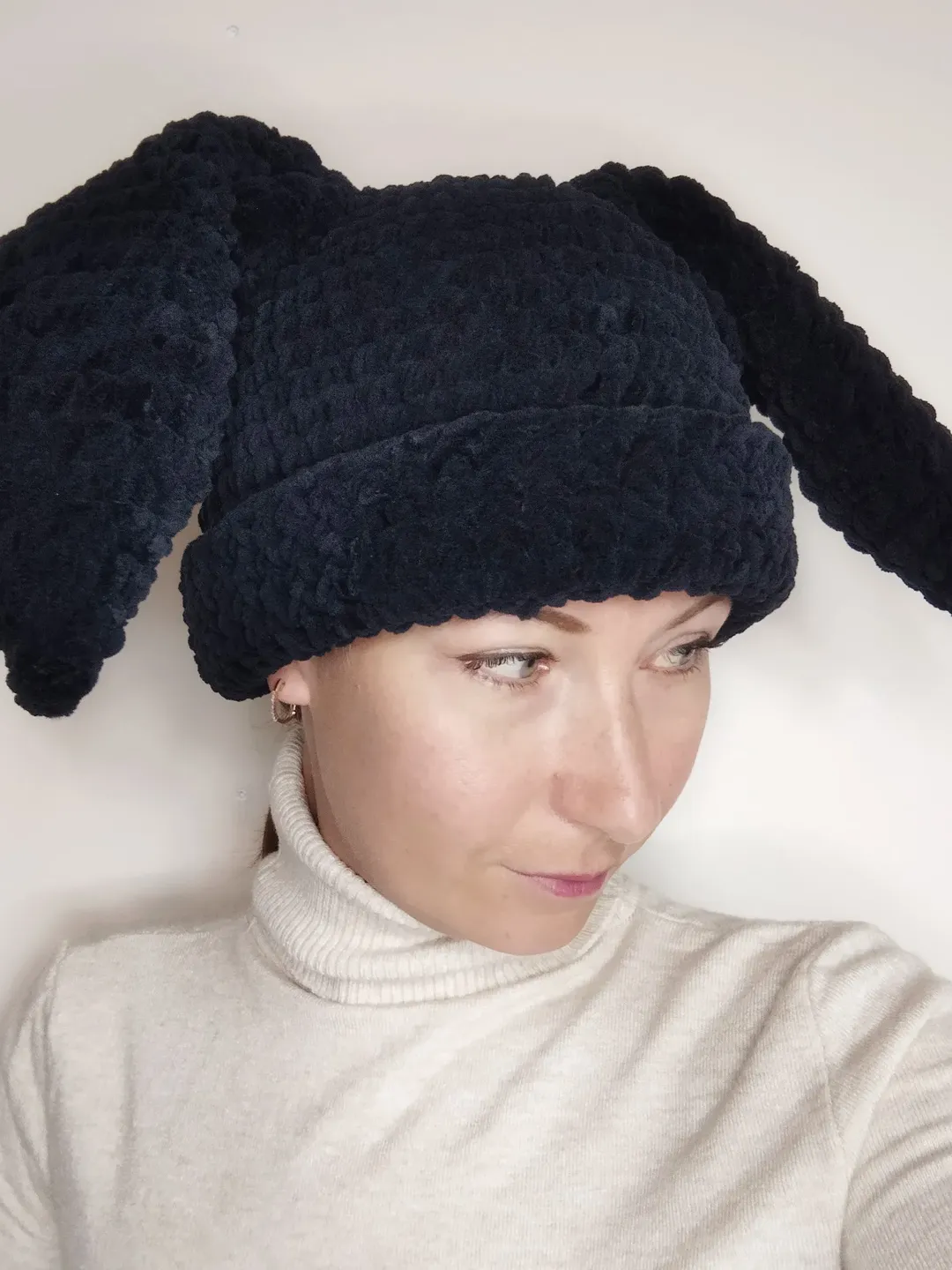 Black bunny beanie crochet. Goth bunny hat with long ears. Fluffy bunny ...