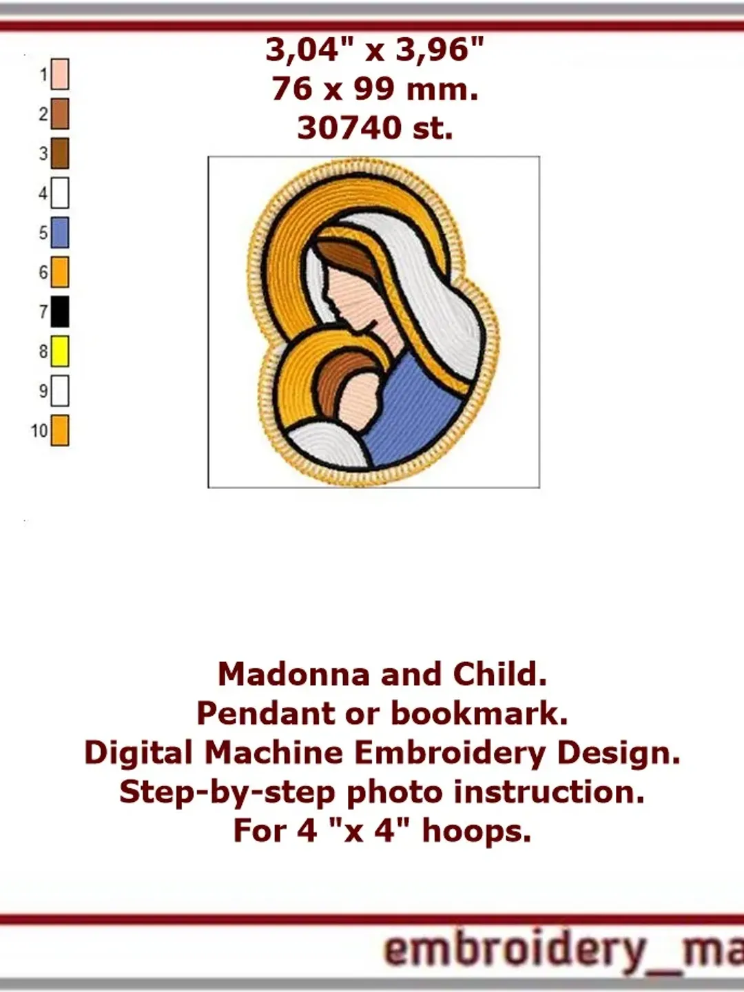 In the hoop embroidery design pendant or bookmark Madonna and Child