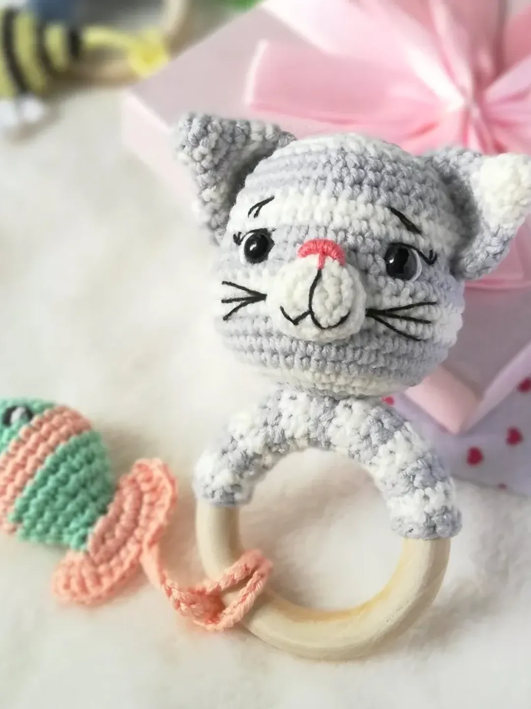 Crochet cat rattle pattern, amigurumi cat and fish teething ring ...