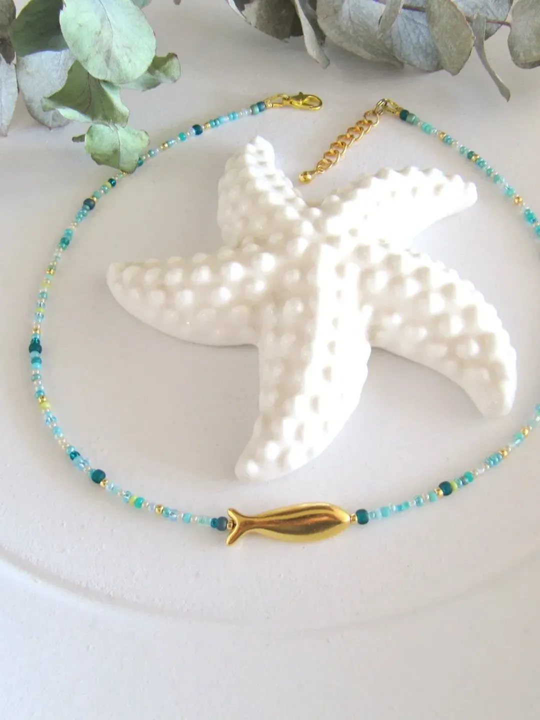 Fish necklace with colorful beads, ocean chain pendant fish gold ...