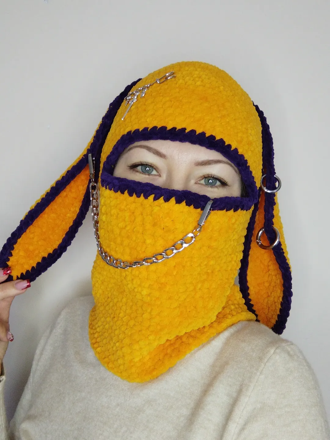 Bunny hat goth Black bunny balaclava crochet Balaclava with bunny ears ...