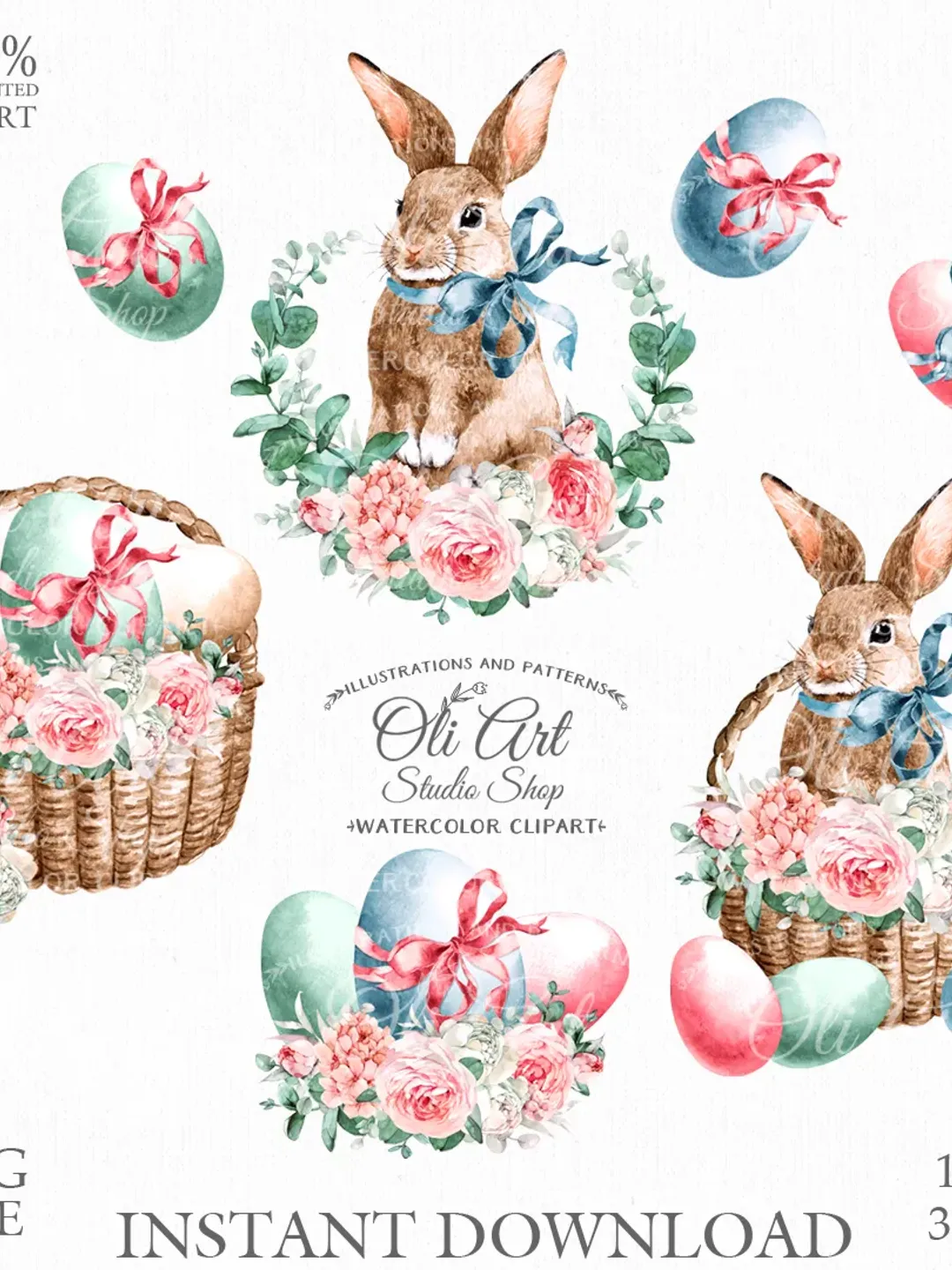 Easter Clip Art. Easter Wreath, Basket. Cute Bunny. Png File, Hand ...