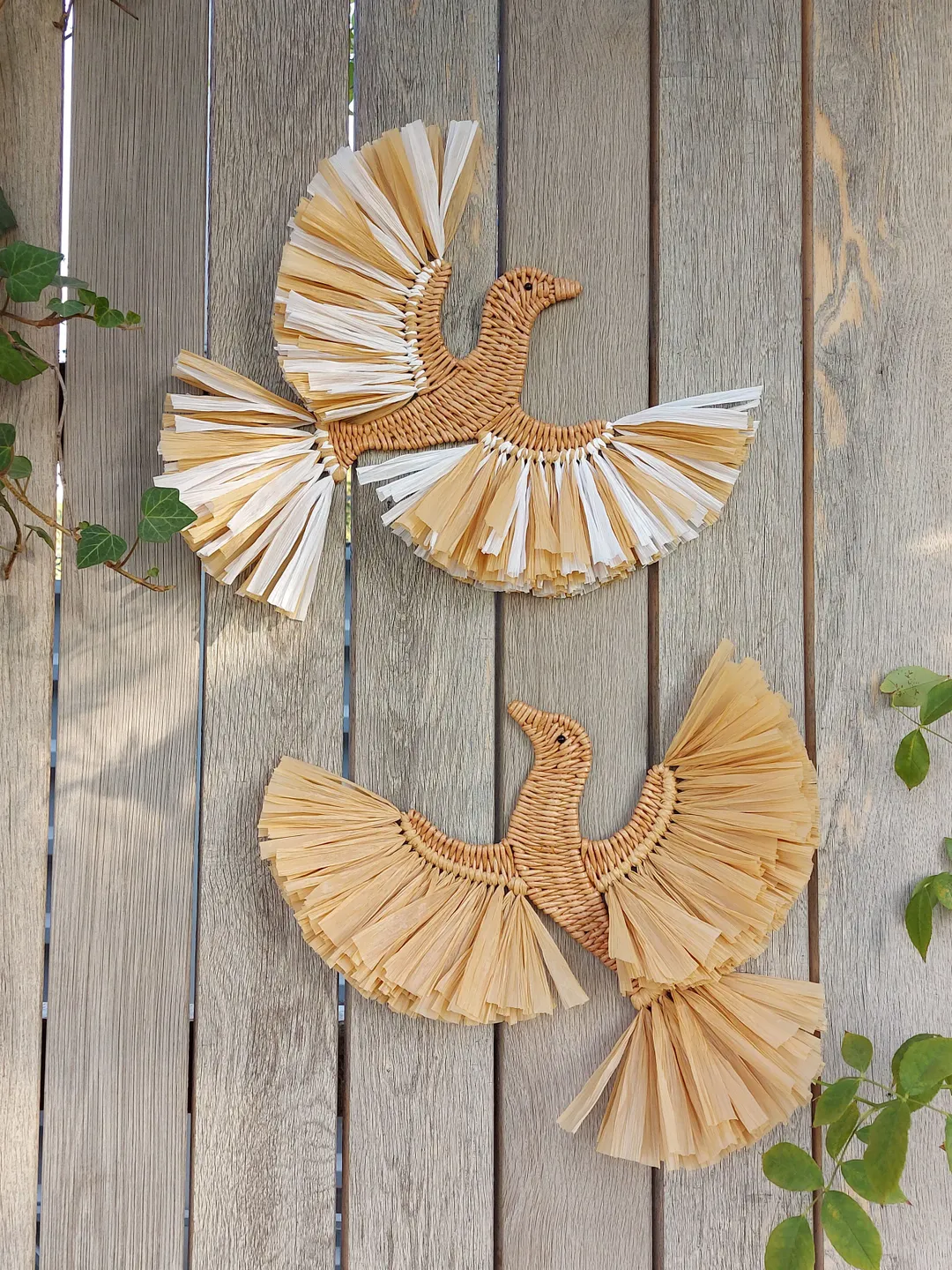Two birds for wall decor. Wicker birds handmade wiht raffia. Gift for her.