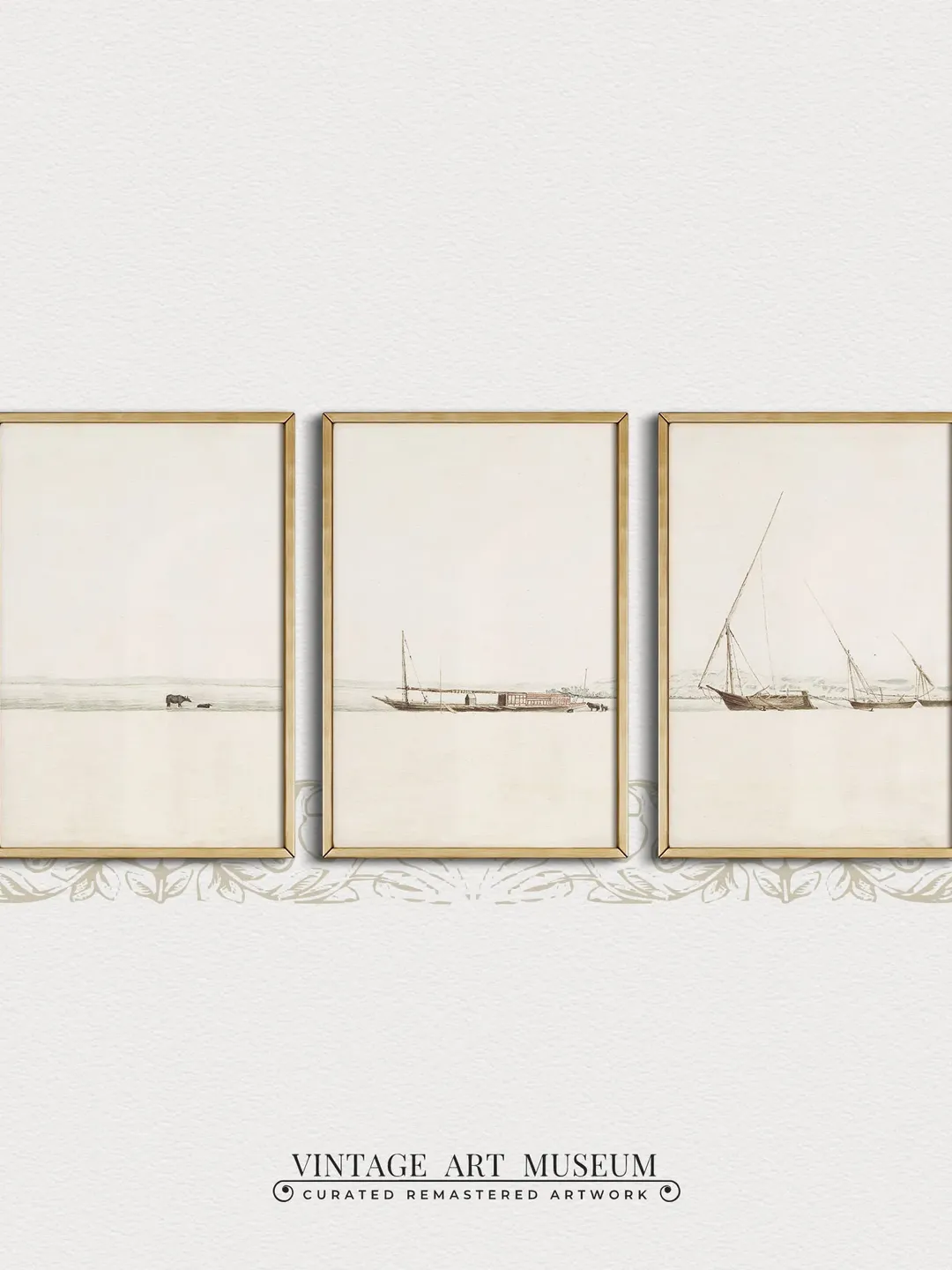 Triptych Wall Art Tropical Coastal Landscape with Boats Set of 3, Muted ...