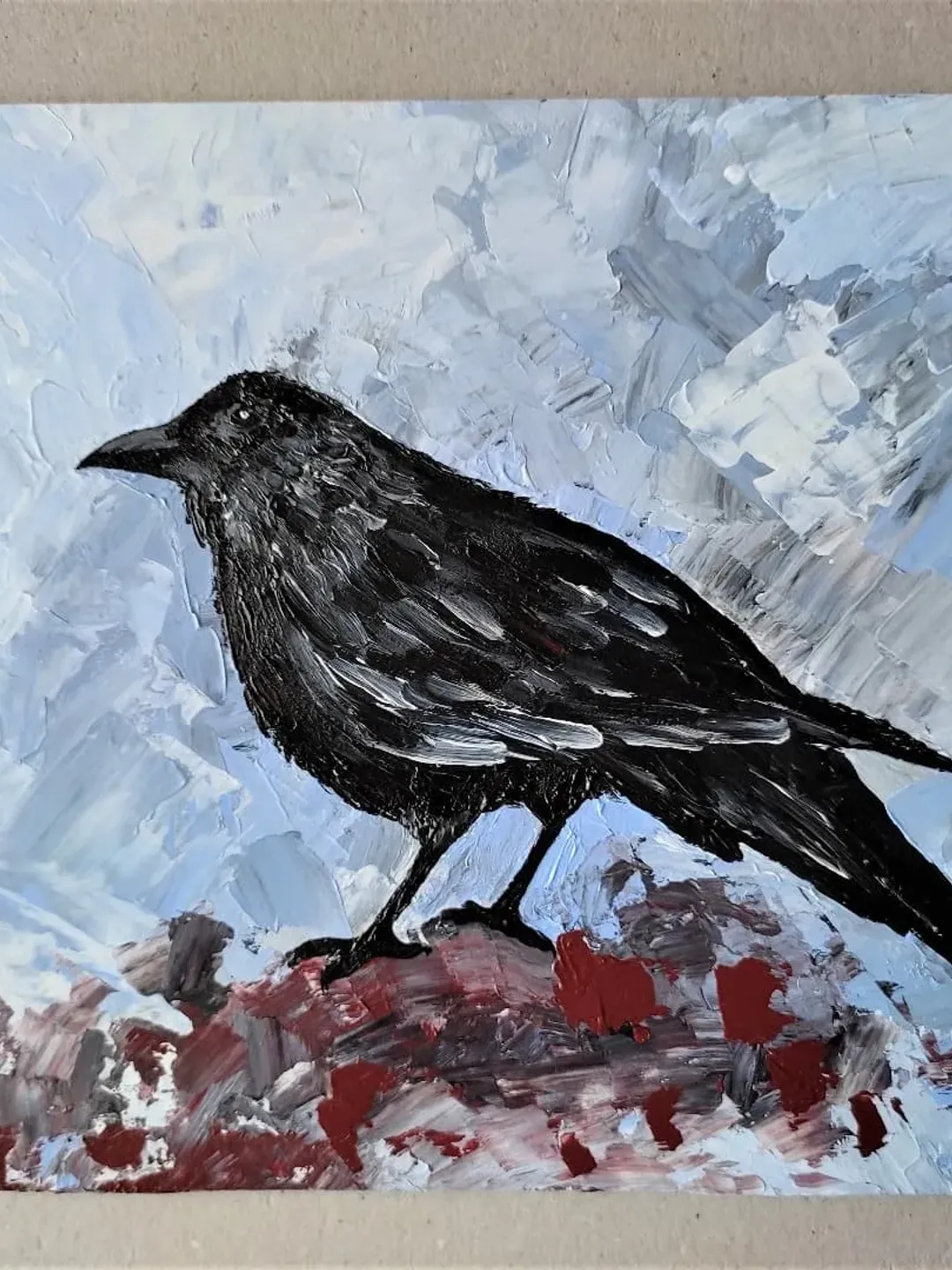 Raven bird painting acrylic abstract black blue crow artwork