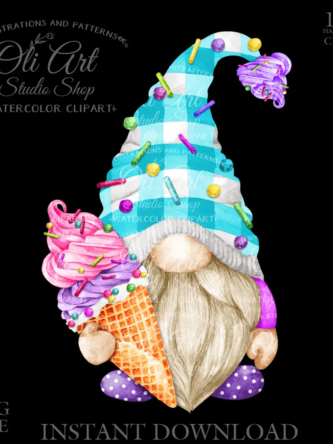 Ice Cream Gnome Clip Art. Cute Characters, Hand Drawn graphics. Digital ...