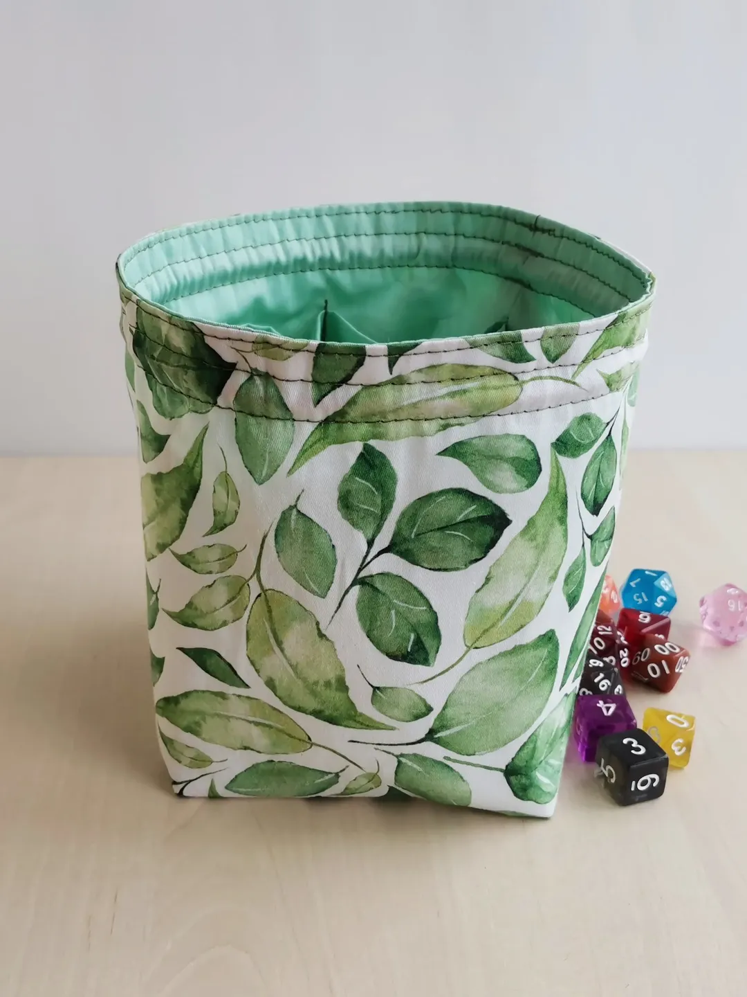 Large dice bag with pockets for 150-200 dice Green leaves