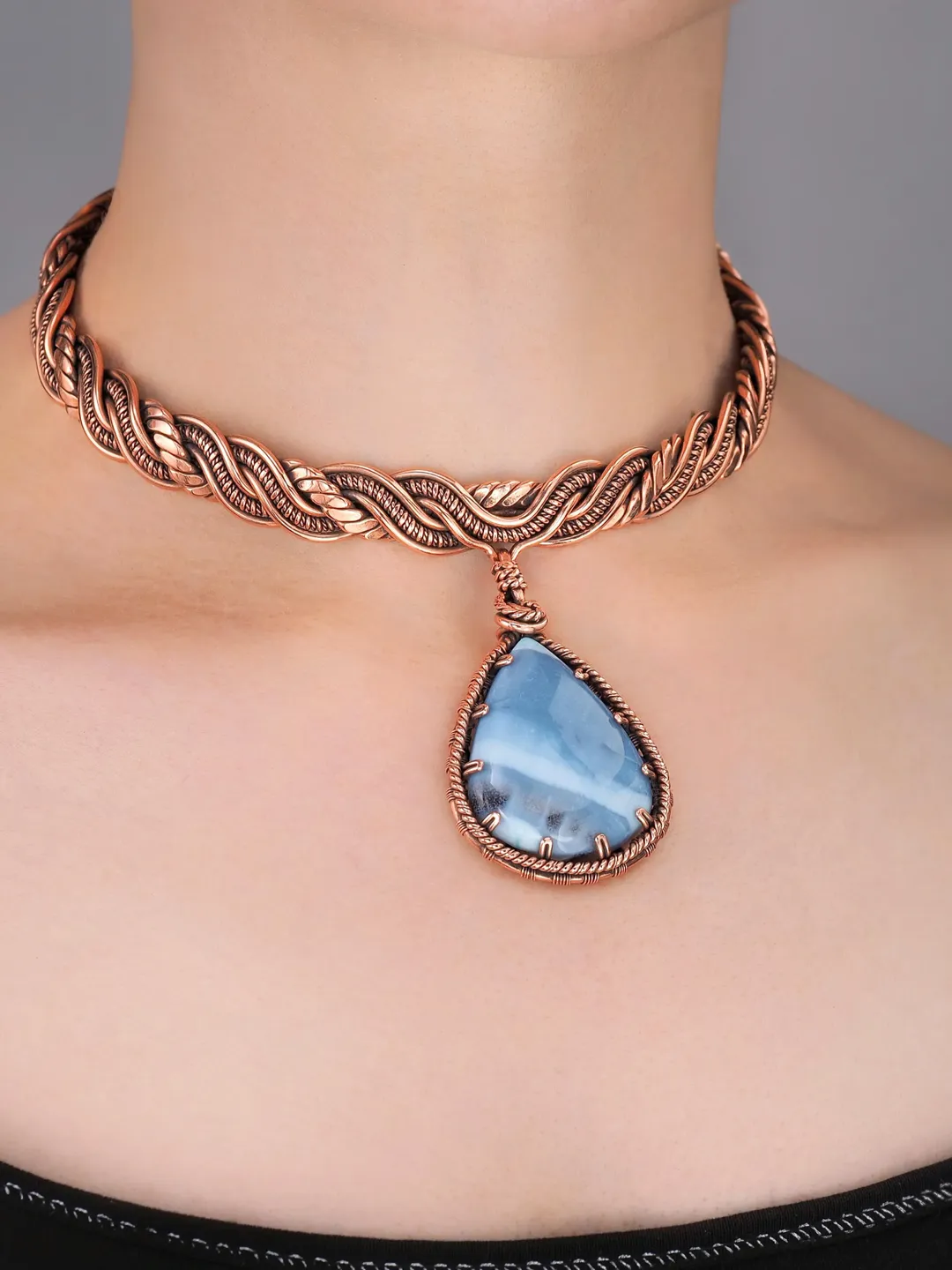 Malachite and jasper collar necklace Unique wire wrapped copper open ...