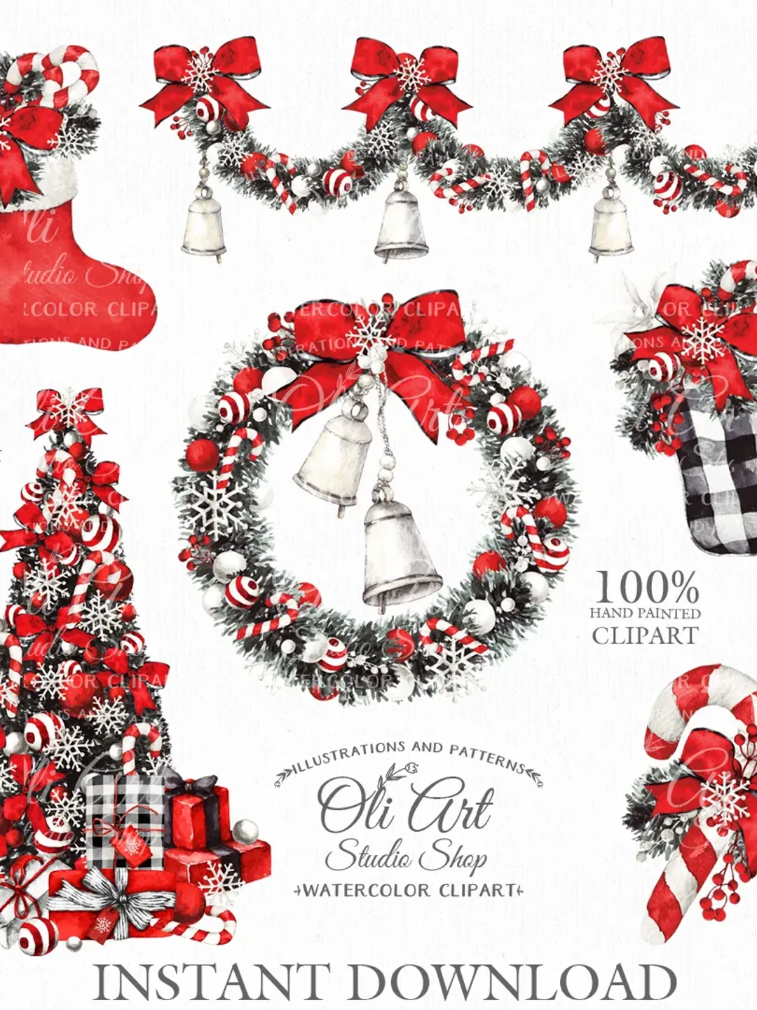 Merry Christmas Wreath Clip Art. Digital Clipart, Hand Drawn Graphics ...