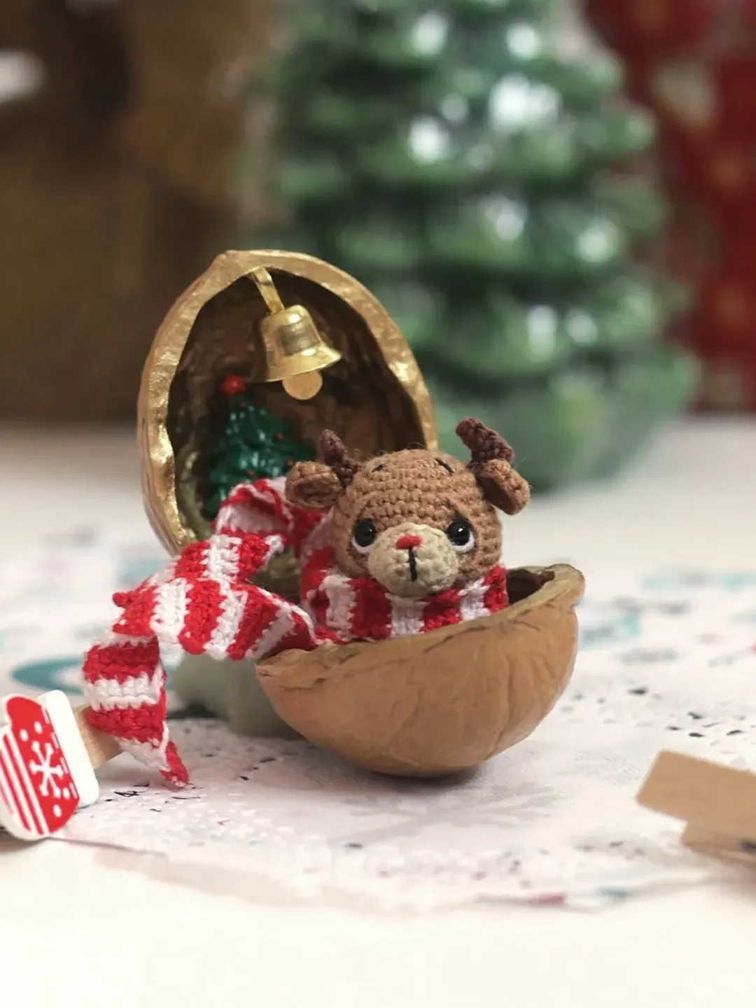 Christmas deer miniature in tiny house walnut box mini crochet animal ...