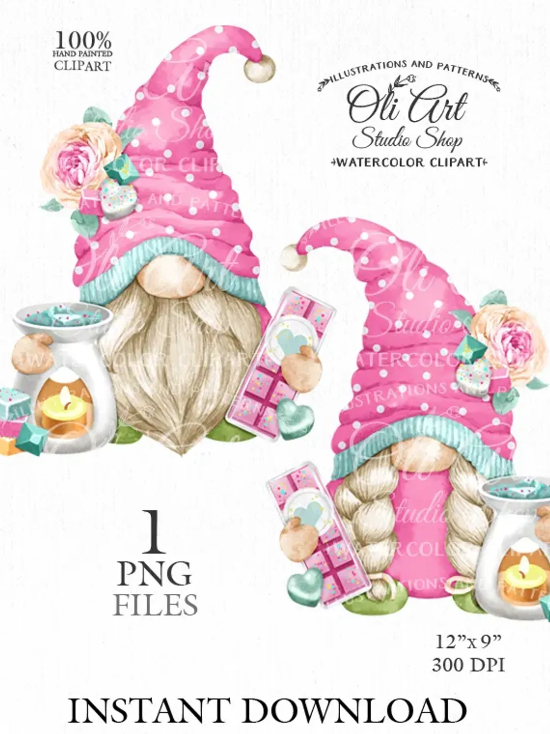 Gnome and wax melt burner, candle. Digital clipart png, cute characters