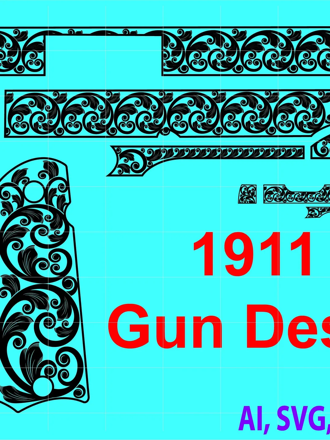1911 Gun Scroll design, Custom, Ai, Vector, SVG, DXF, PNG,