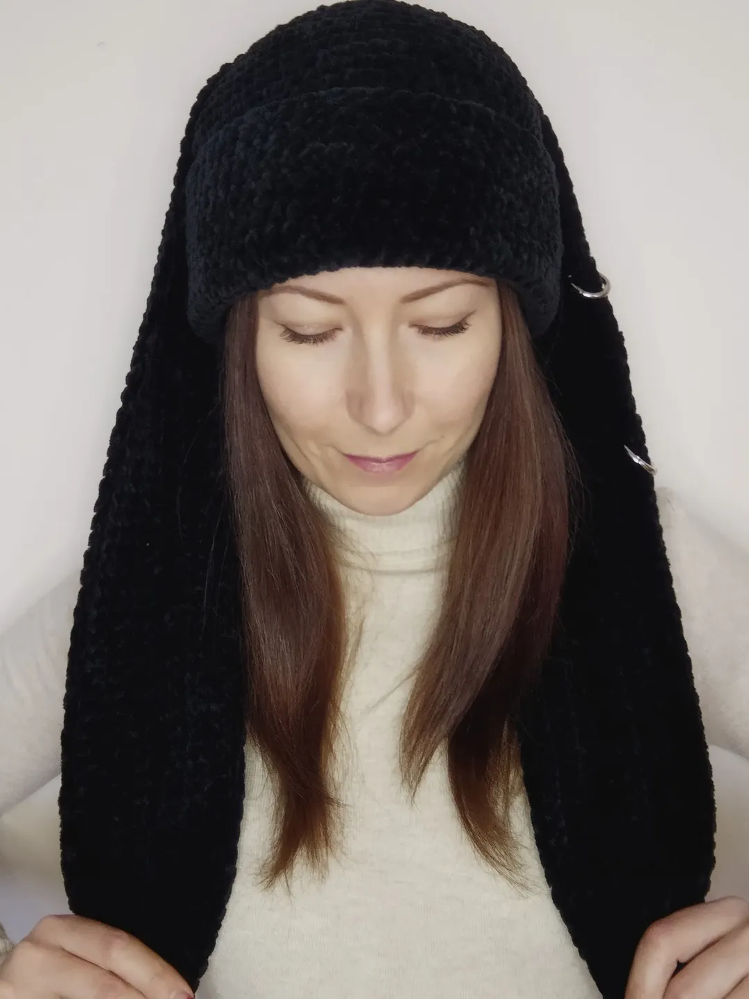 Bunny hat goth with long ears. Black bunny beanie crochet. Fluffy bunny ...
