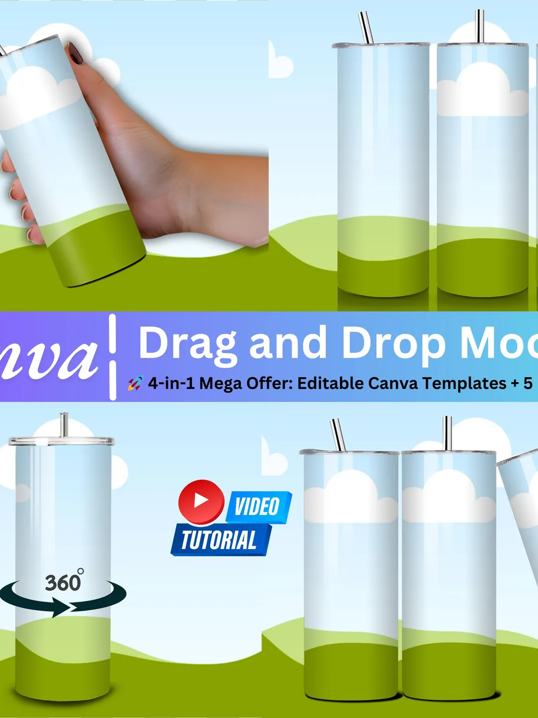 360 Rotating Tumbler Mockup: Canva Drag & Drop Templates (Instant Download)