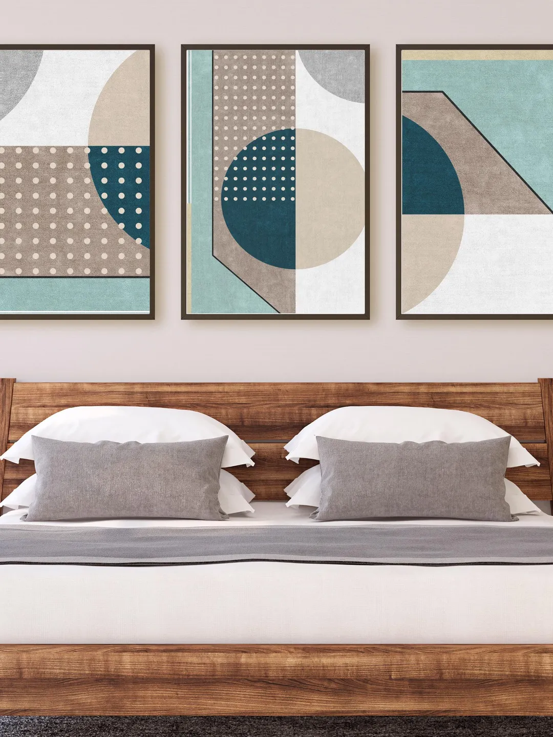 Modern abstract geometric 3- piece wall art set, Teal, Beige, light ...