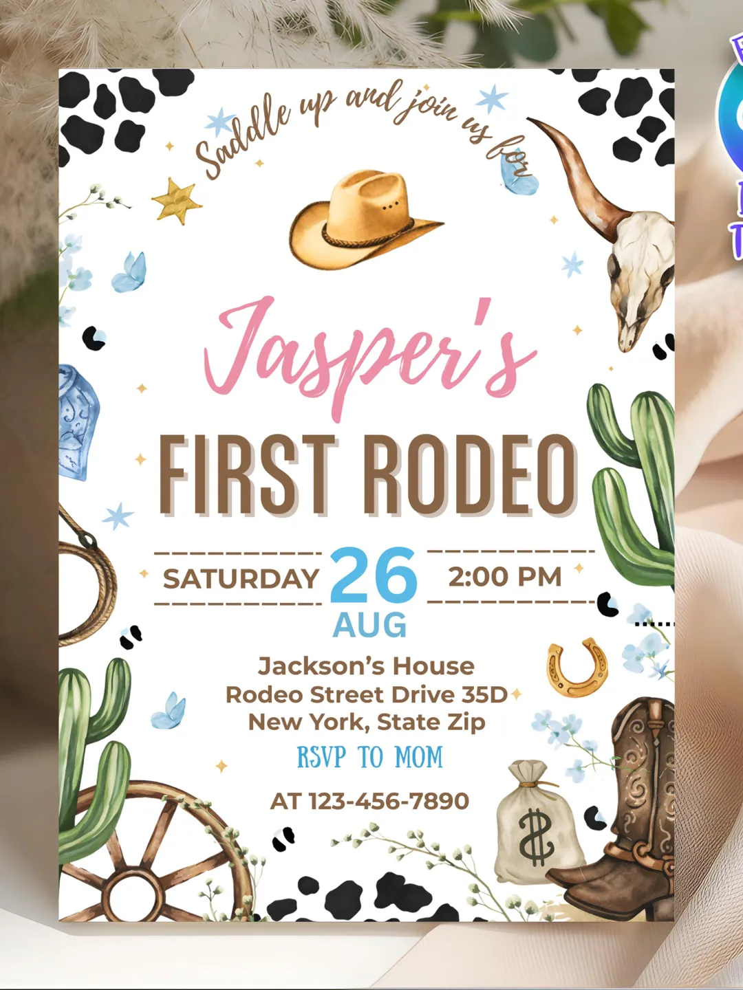 First Rodeo Birthday Invitation Template, Cowboy Cowgirl Birthday ...