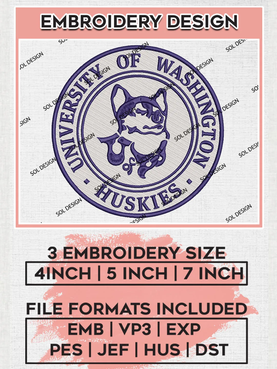 Washington Huskies Team Round Logo Embroidery Design Files, NCAA ...
