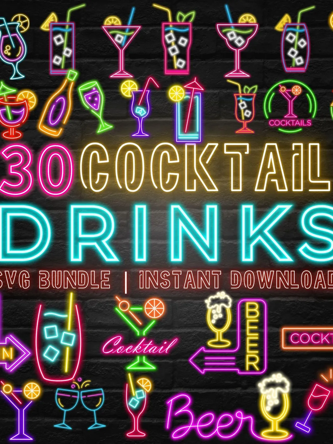 Cocktail Bar Neon Sign SVG Bundle: Retro Drink Clipart (Digital Download)