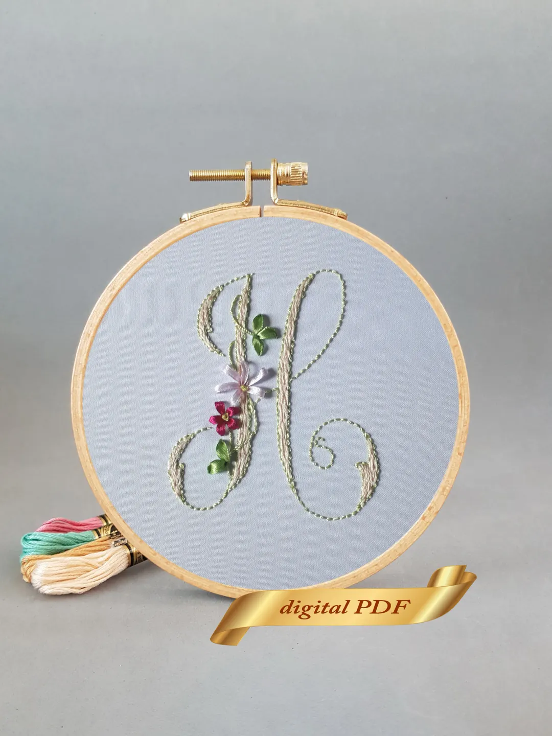 Floral alphabet letter H pdf hand embroidery beginner Flower monogram ...