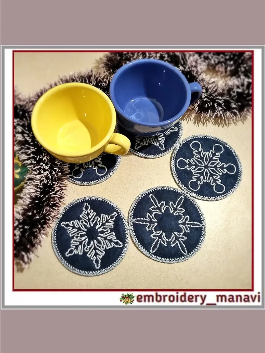 In the hoop embroidery design stand mug rug, plates, lunchmat