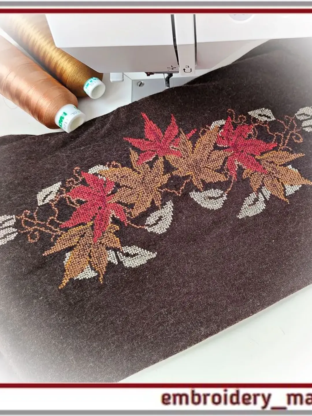 Machine embroidery design autumn leaf border cross stitch