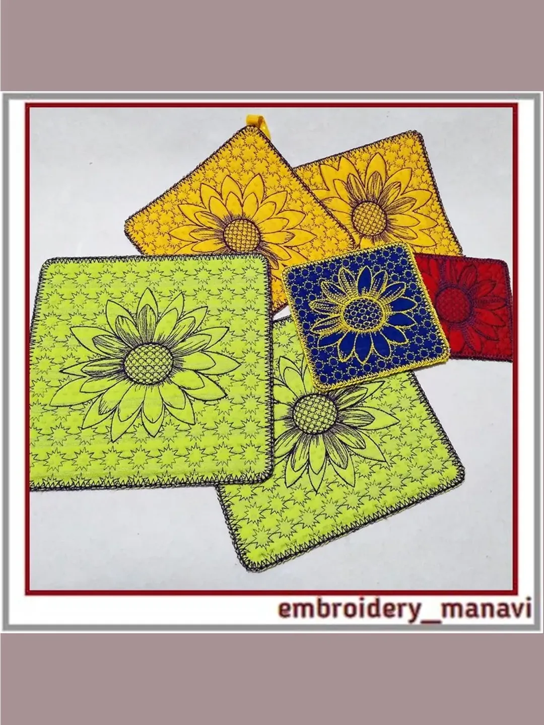 In the hoop embroidery design stand mug rug, plates, lunchmat