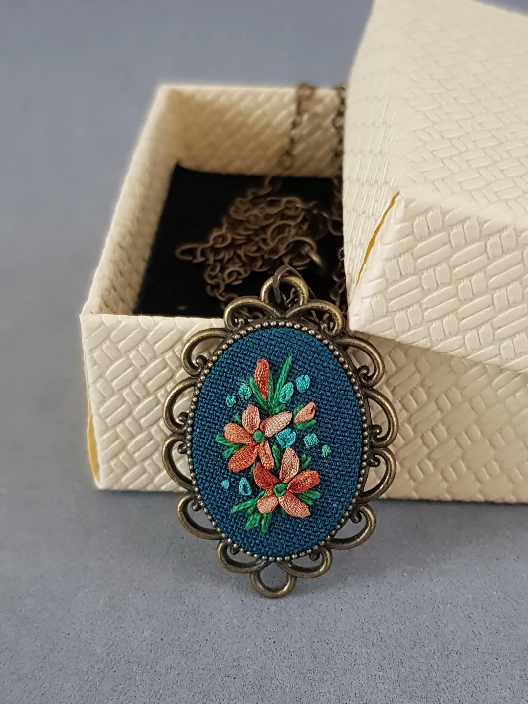 Ribbon embroidered velvet pendant for her, 4th wedding anniversary gift ...