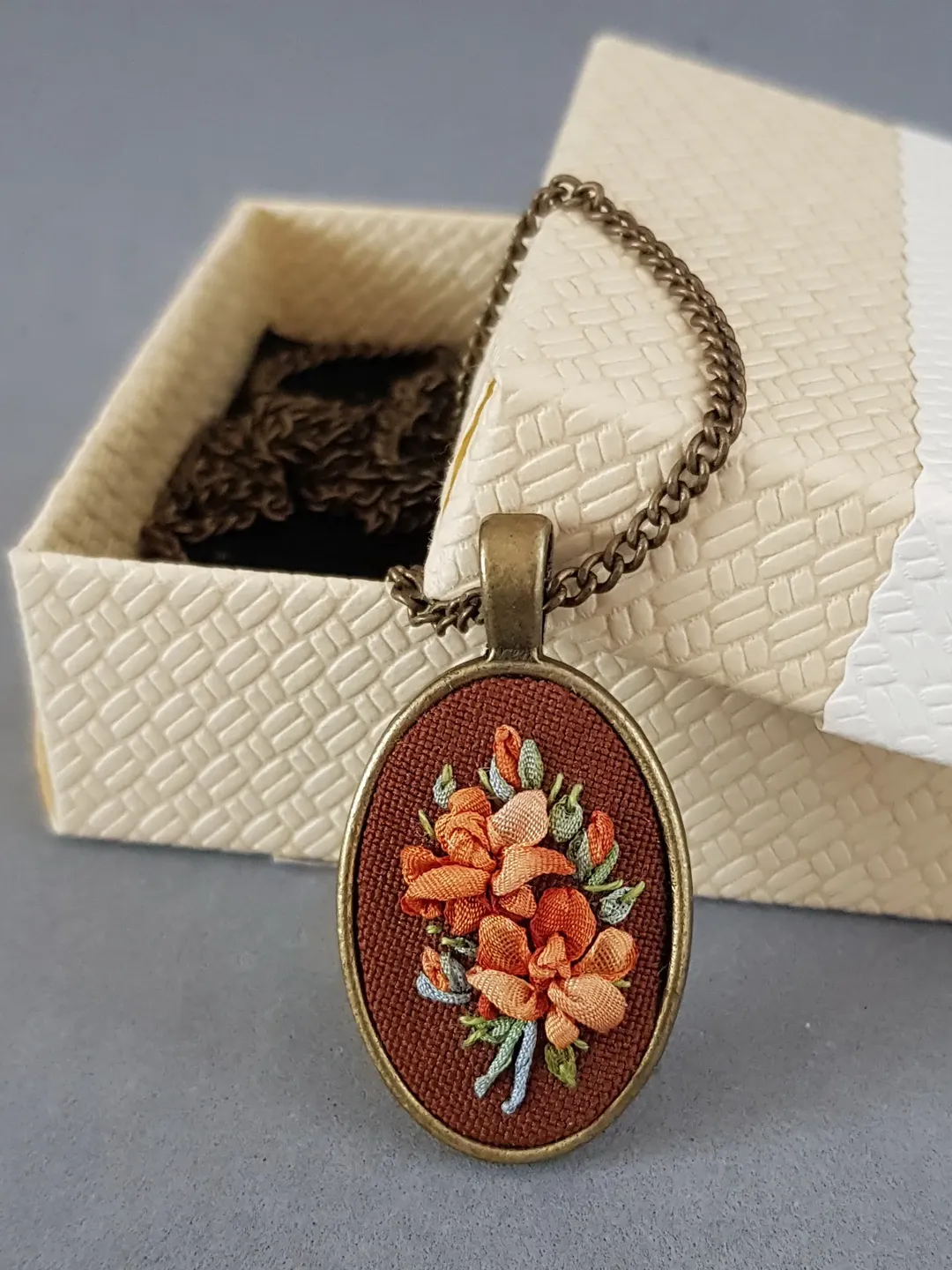 Ribbon embroidered velvet pendant for her, 4th wedding anniversary gift ...