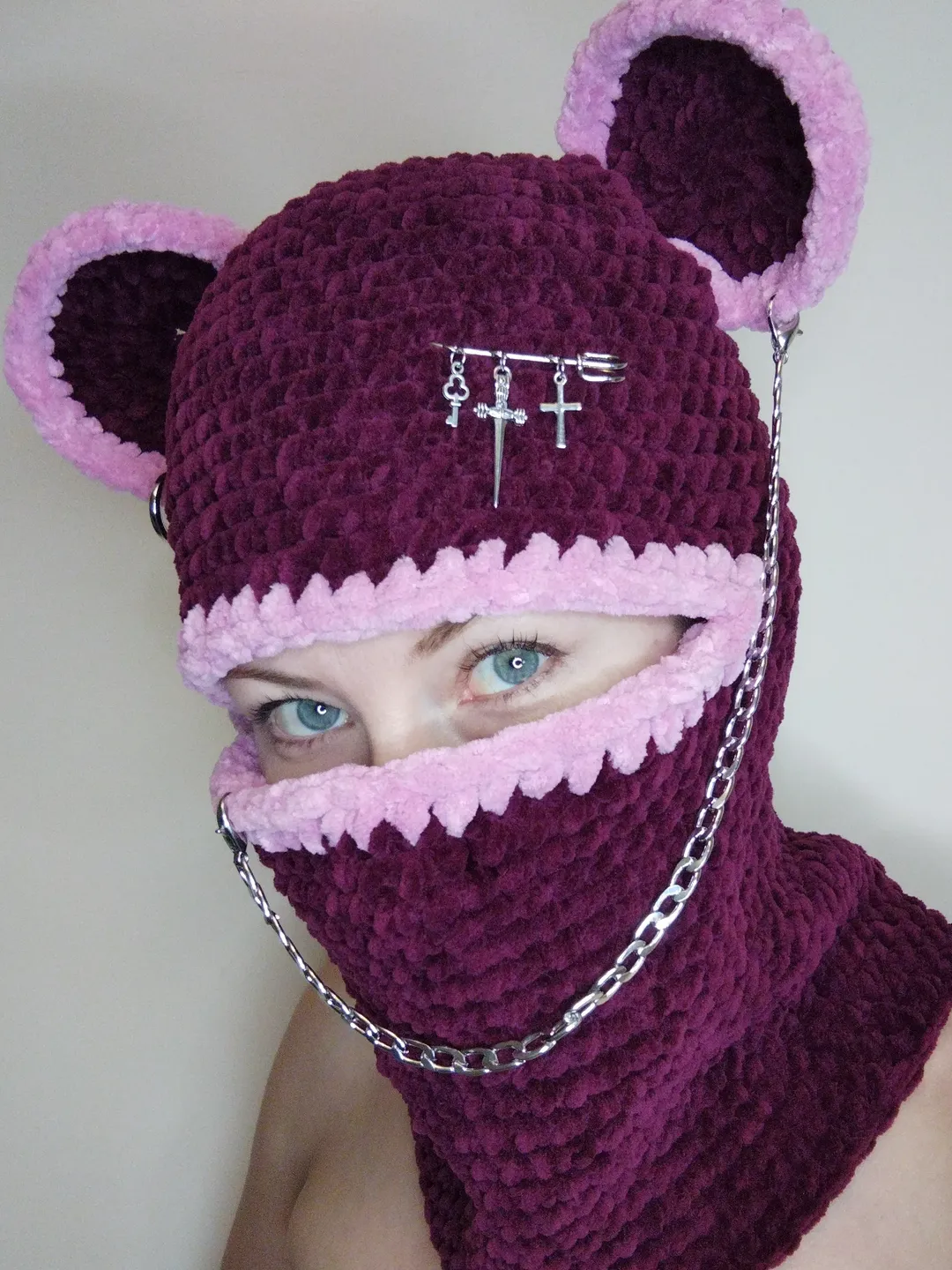 Pastel goth balaclava crochet Fluffy bear balaclava with chain Gothic ...