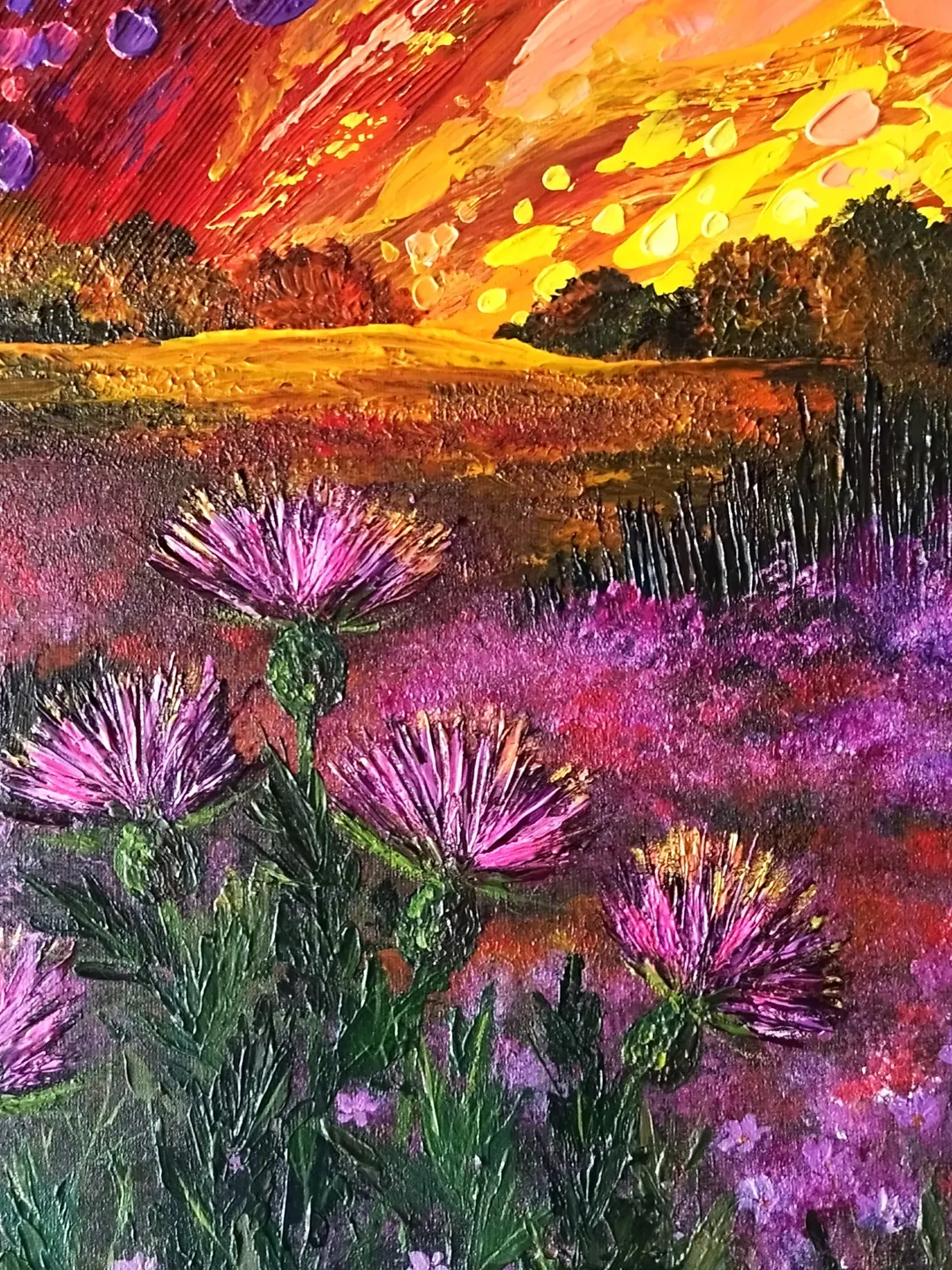 Colorful Sunset Landscape Painting: Nature Textured Art