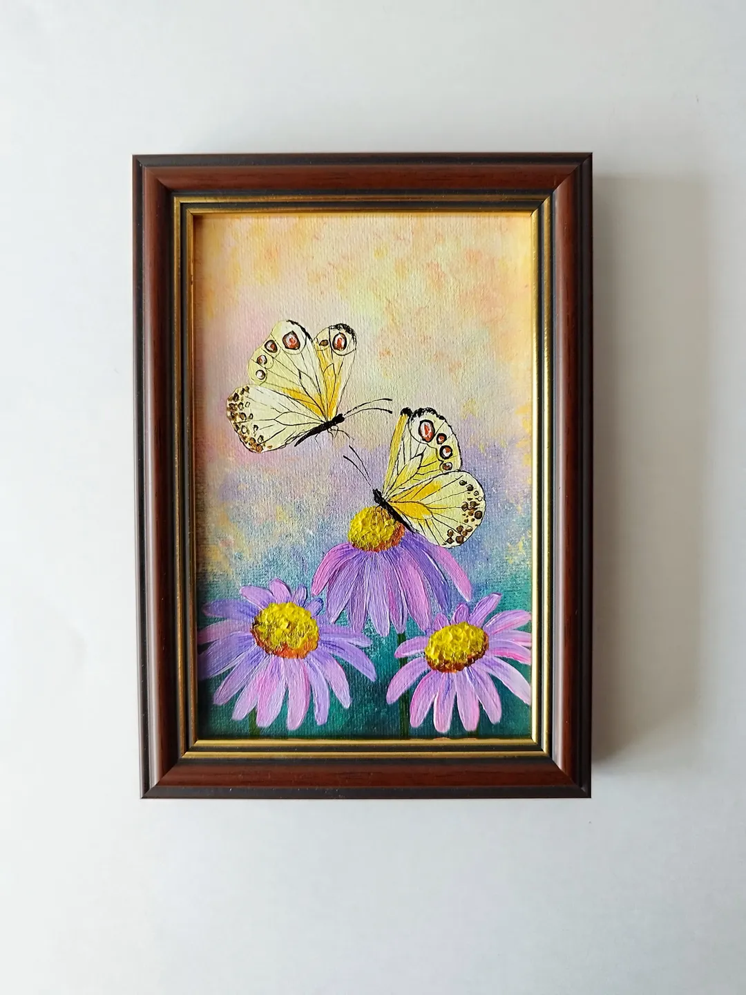 Butterflies Acrylic Painting of Daisies: Small Artwork for Your Home