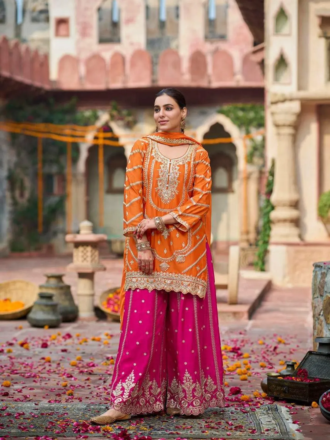 Orange Kurta Pink Sharara Set Indian Festive Wear Embroidered Wedding ...