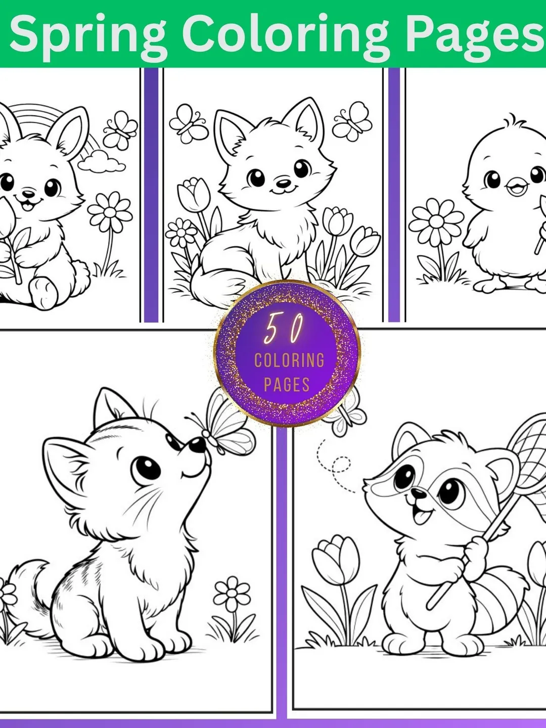 Spring Coloring Pages for Kids, 50 Printable Pages (Digital Download)